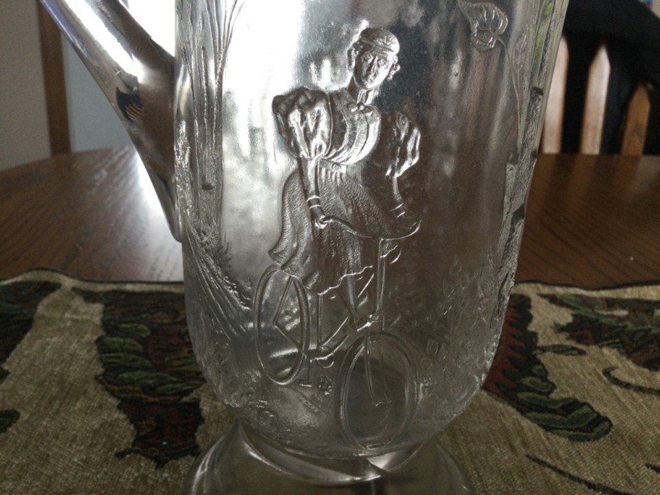 Cracked EAPG Dalzell Gilmore Leighton Glass Pitcher w Bicycle Girl See ...