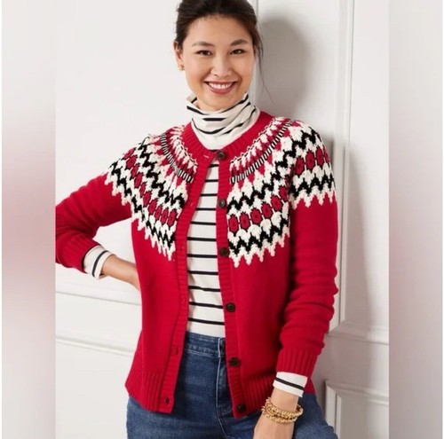 NWT Talbots Women’s Size 3X Red Fair Isle Cotton Blend Cardigan Sweater ...