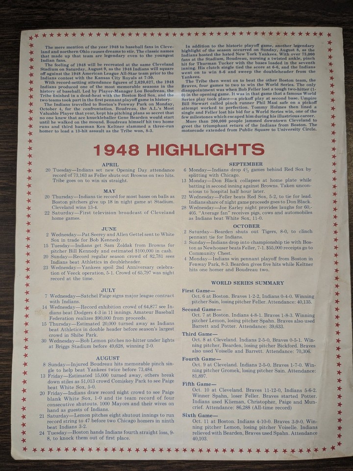 Old Timers Day August 9 1975--1948 Indians vs 1948 AL All Stars Game ...