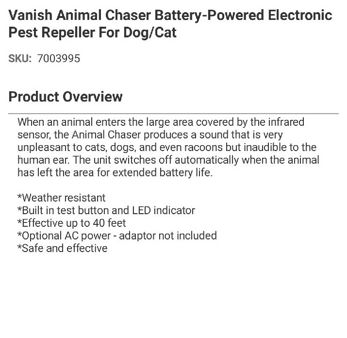 Vanish #P7807 Animal Chaser Electronic Pest Repeller For Dogs & Cats ...