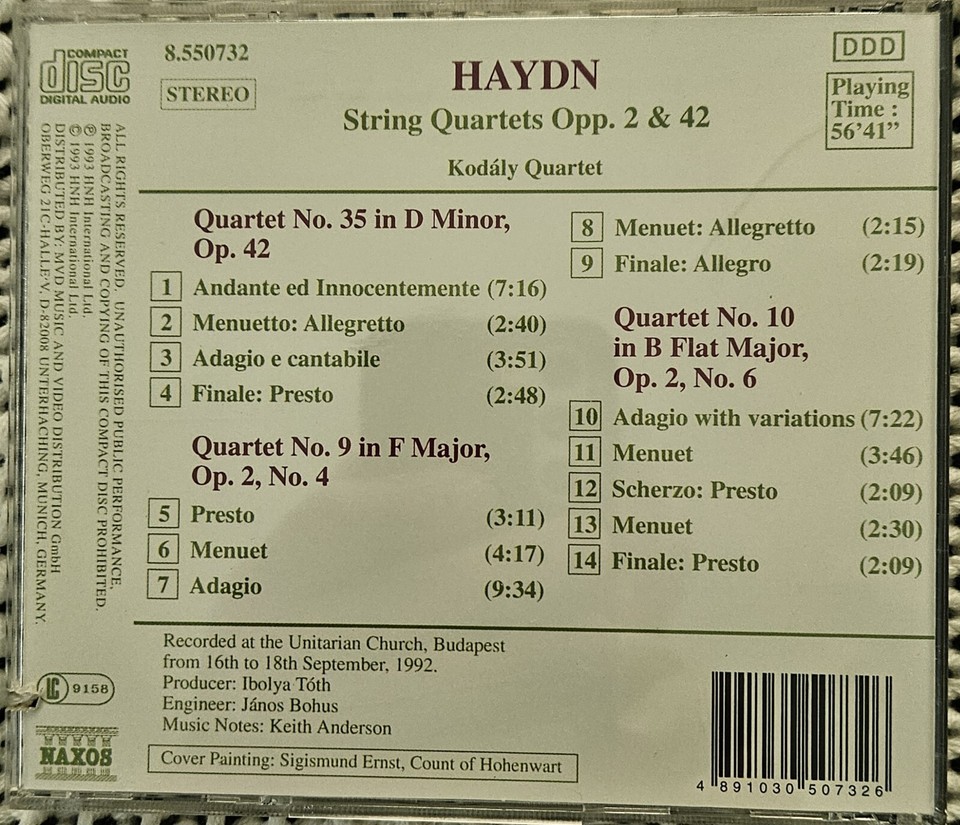Haydn: String Quartets Opp. 2 & 42 (1993, Naxos 8.550732) Kodaly ...