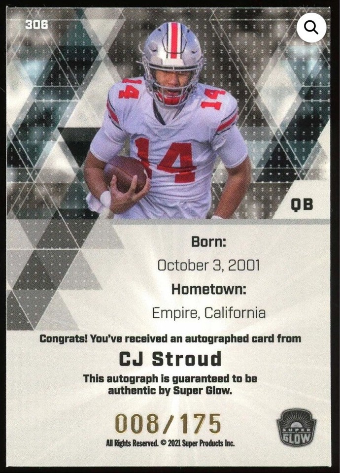 C.J. Stroud 2021 Super Glow Autograph Card #8/175 First ever (Superglow ...