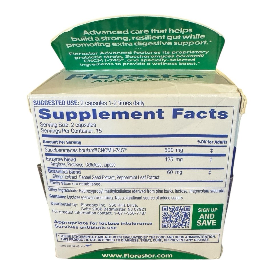 Florastor Advanced Gas and Bloat Probiotic Supplement - 30 Capsules EXP ...