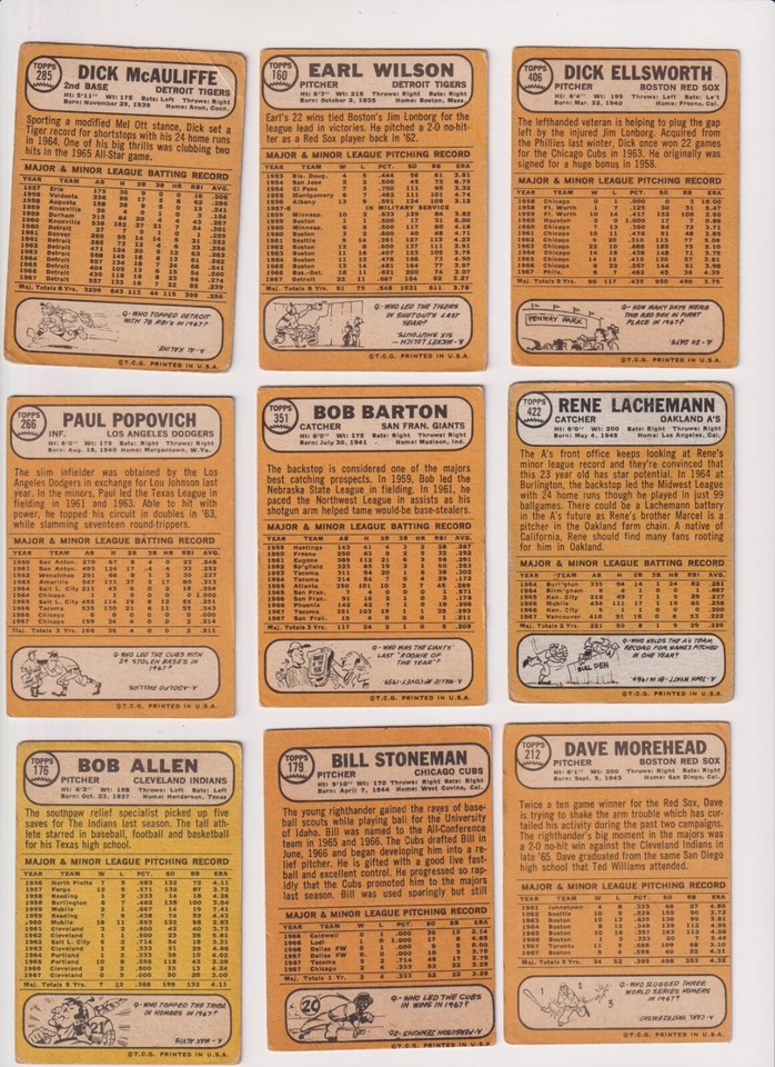 1968 TOPPS 9 Card LOT 160,176,179,212,266,285,351,406, 422 High Numbers ...