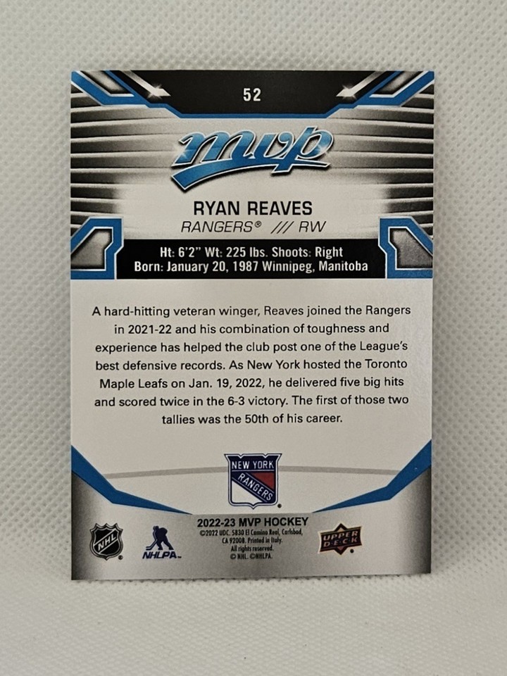 2022 Upper Deck MVP Hockey Ryan Reeves Rangers Near Mint Condition | eBay