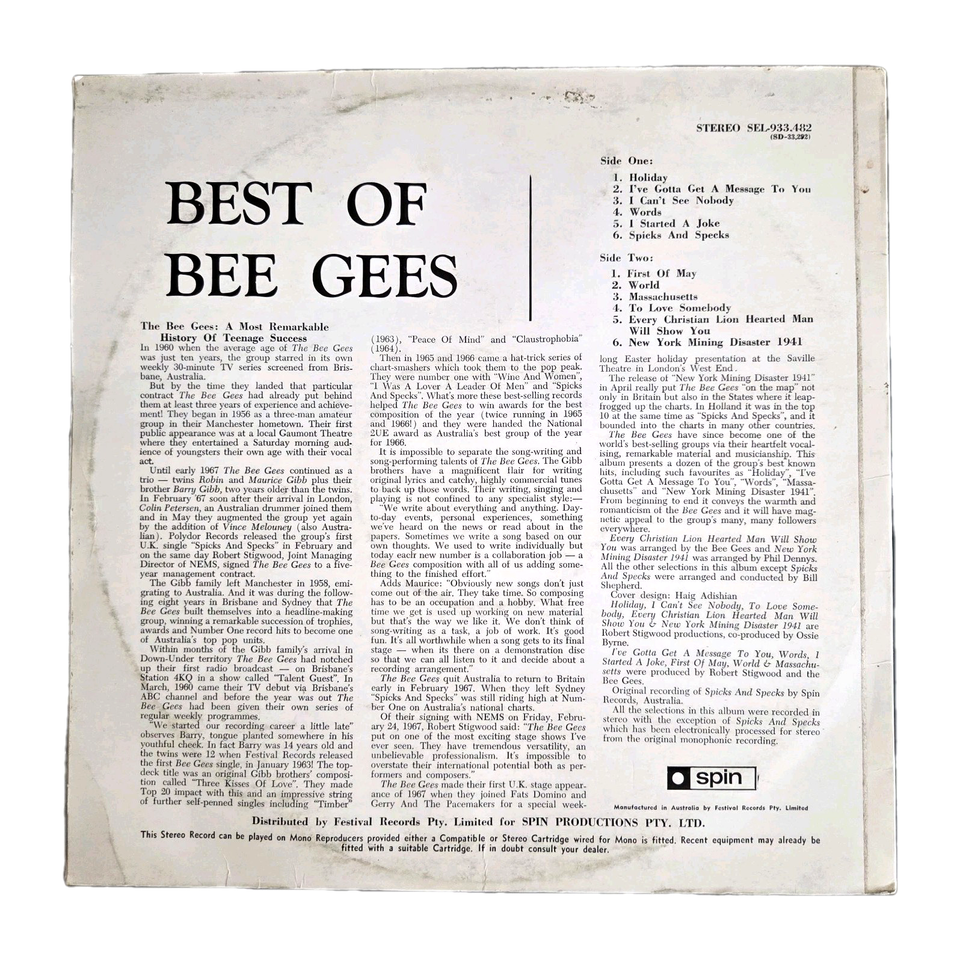 BEE GEES "Best Of Bee Gees" ORIG 1st AUSSIE STEREO PRESS LP w/SPICKS ...