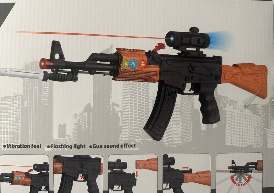 AK 47-Style Toy Rifle with Lights, Strap, Vibration & Detachable Stock ...