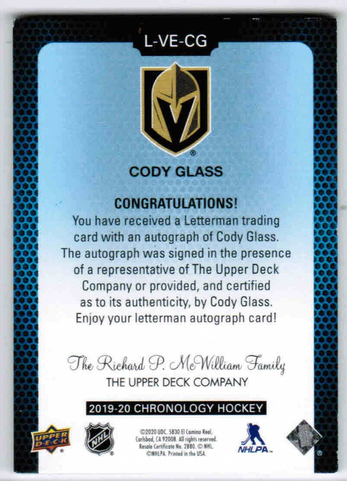 19/20 2019 UD CHRONOLOGY CODY GLASS L-VE-CG ROOKIE LETTERMAN AUTO 09/15 ...