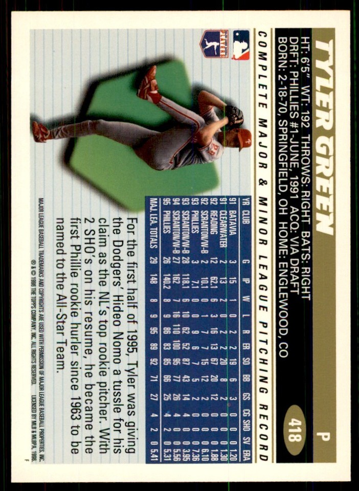 1996 Topps. Tyler Green Baseball Cards #418 | eBay