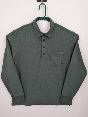 Relwen Men's Green Long Sleeve Heavy Loopback Henley Button Polo Shirt ...