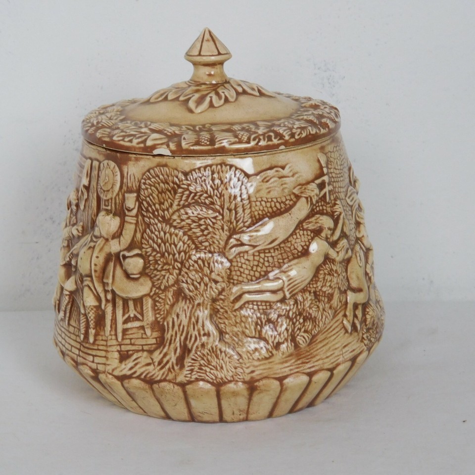 Handpainted Art Pottery Ceramic Jar Lid Tavern Scene Horse Rider Brown ...