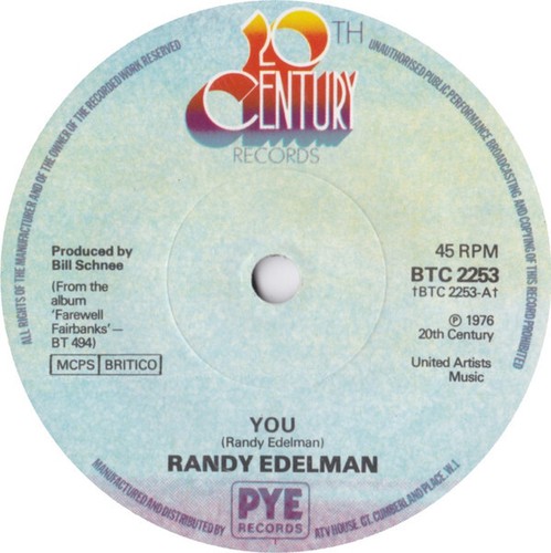 Randy Edelman You 7" vinyl UK 20th Century 1976 includes company sleeve ...