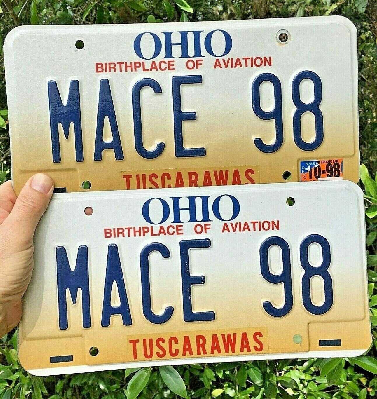 Ohio VANITY License Plate Set Tag # MACE 98 Tuscarawas County, 90s ...