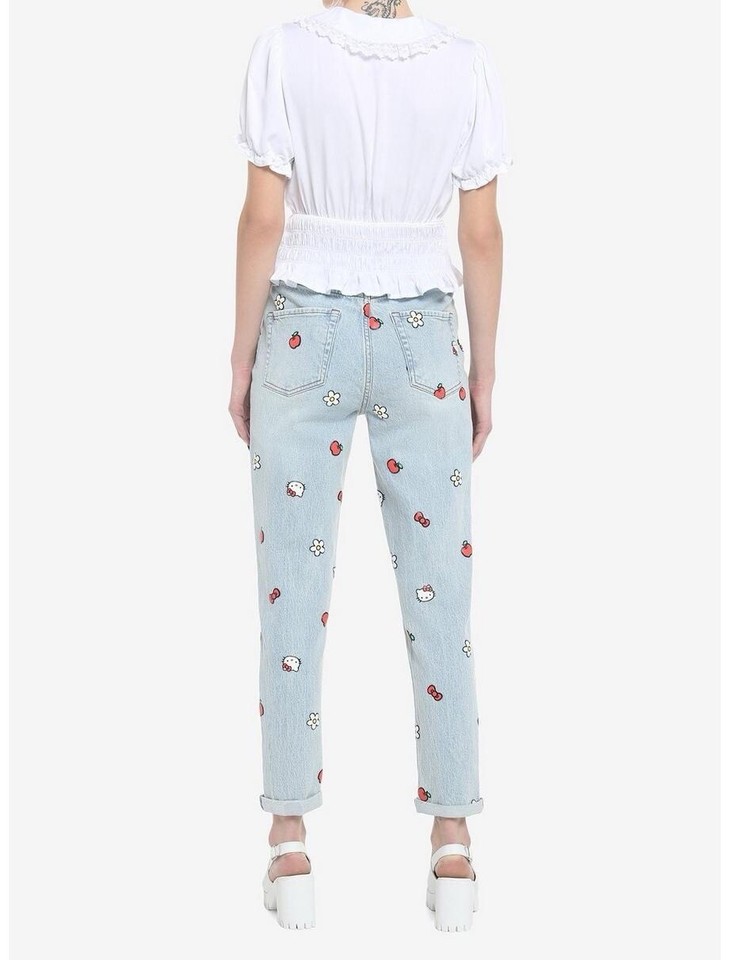 Hello kitty Hot Topic Junior Denim Mom Jeans Apple Flower Skinny Sanrio ...
