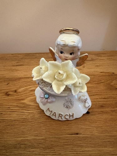 Vintage Lefton March Daffodil Birthstone Aquamarine #489 Angel Figurine ...