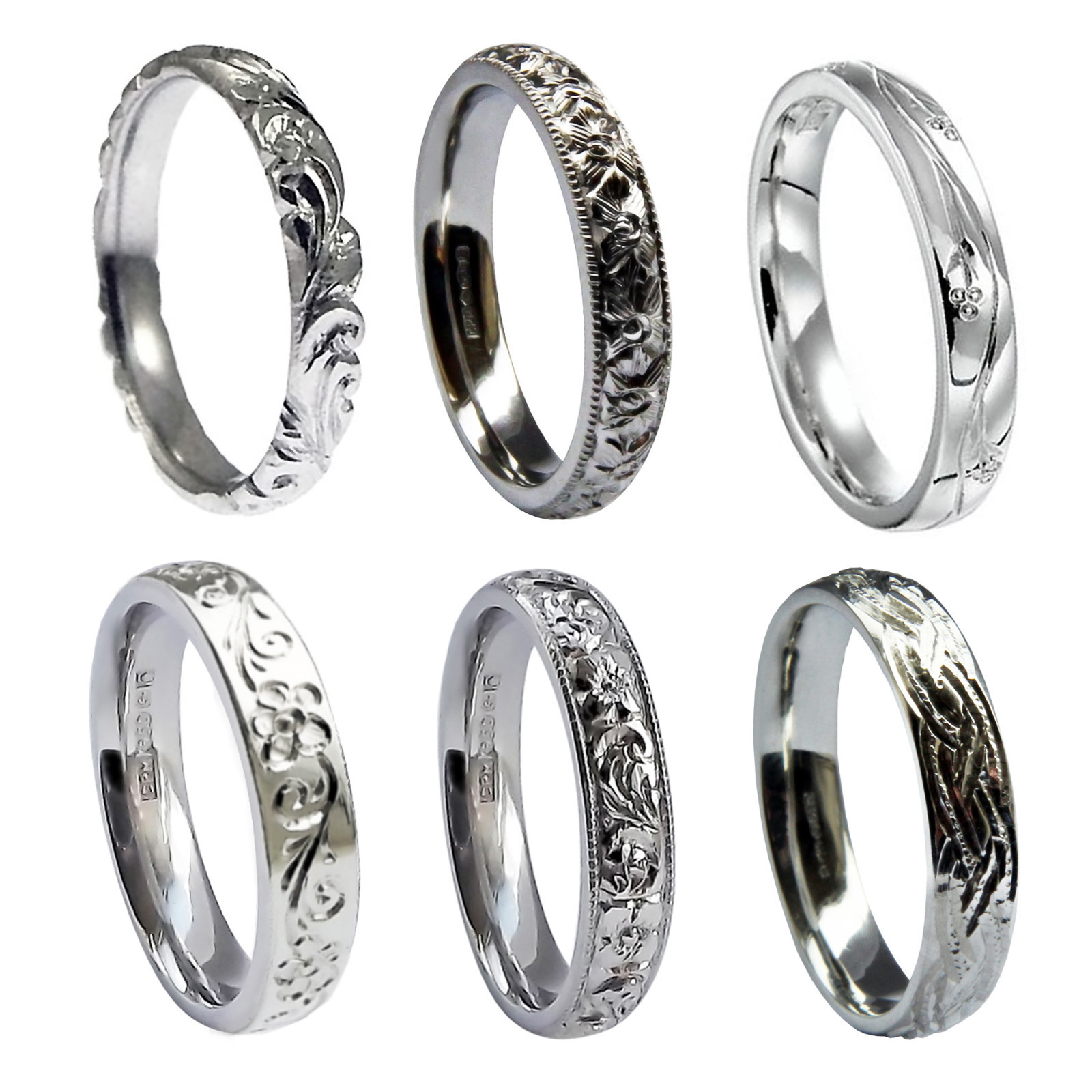4mm Bespoke Hand Engraved Sterling Silver Court Comfort Wedding Rings ...