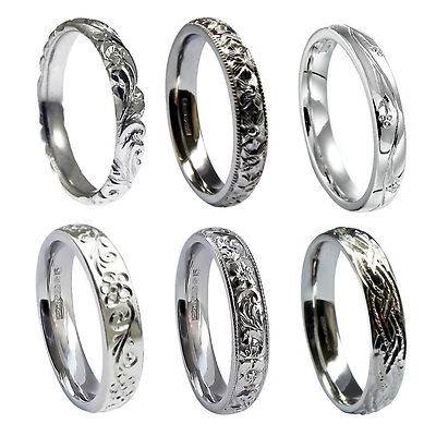4mm Bespoke Hand Engraved Sterling Silver Court Comfort Wedding Rings ...