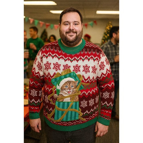 Ugly Christmas Sweater Men 3XL Kitty Cat Present Holiday Tinsel Argyle ...