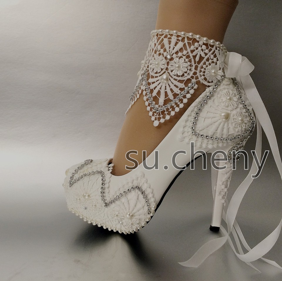 su.cheny white light ivory lace heel platform ribbon anklet Wedding ...