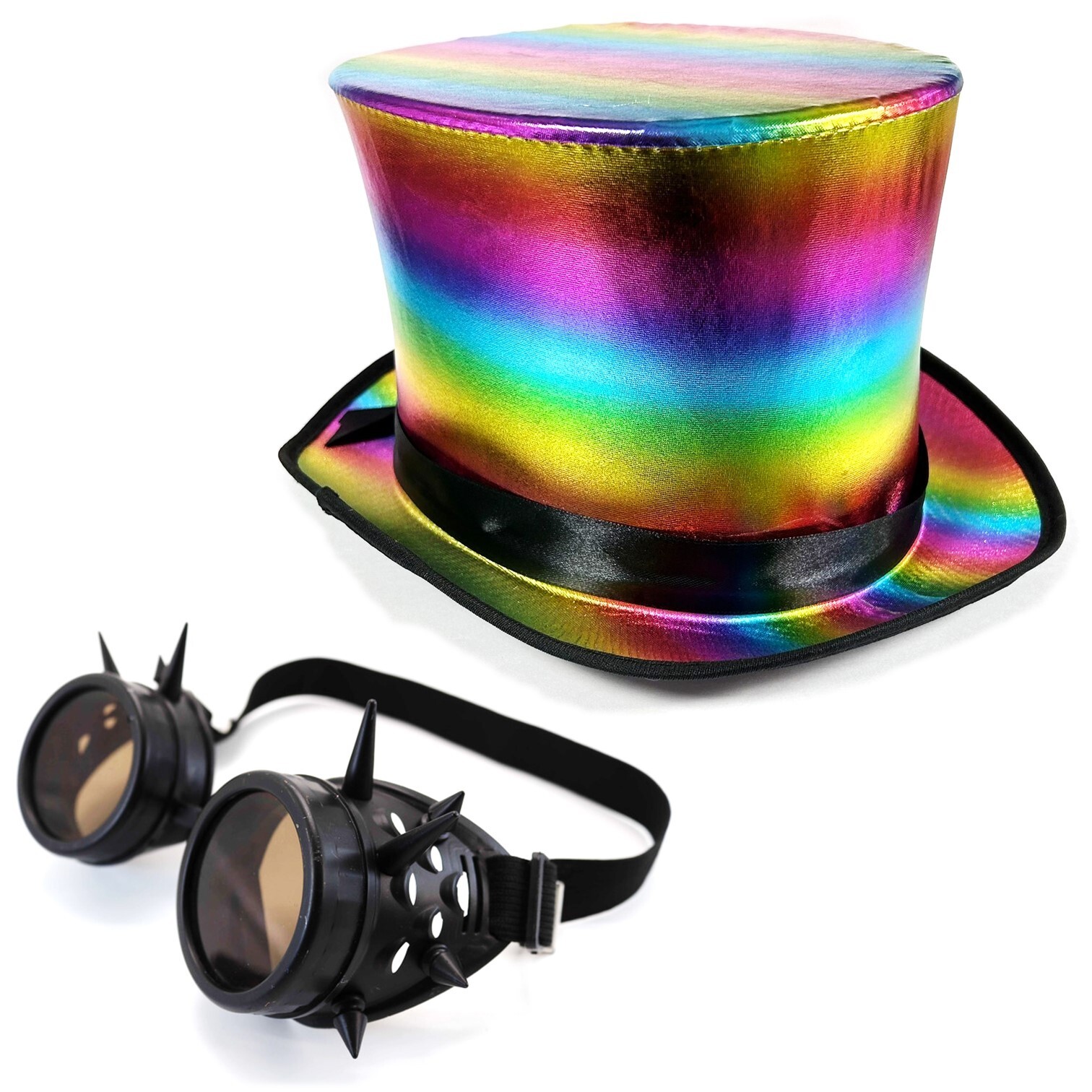 Rainbow Top Hat & Black Spike Goggles Bundle Set Fancy Dress Pride Parade Party | eBay UK