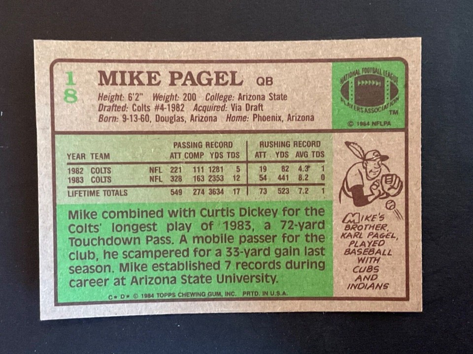 Mike Pagel 1984 Topps Football Card #18 - Indianapolis Colts ...