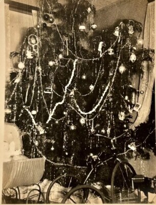Antique Photo Huge Christmas Bikes Tree Toys Ornaments 1924 | eBay