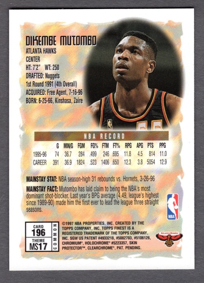 1996-97 TOPPS FINEST DIKEMBE MUTOMBO CARD #196 **NM-MT** ATLANTA HAWKS ...