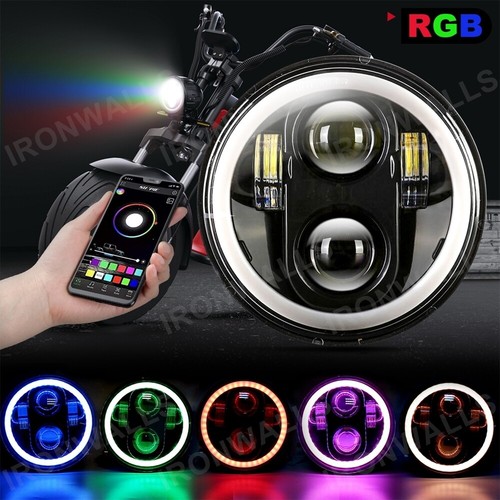 RGB 5.75" Inch LED Headlight RGB Angel Eye APP Control For Harley ...