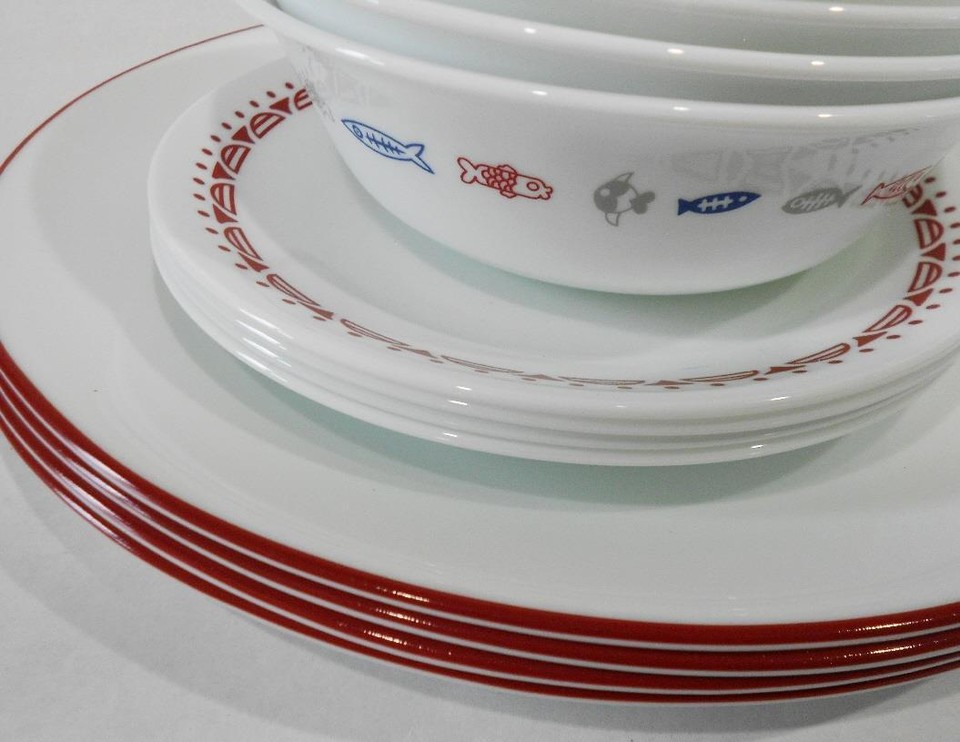 ️ 12-pc Corelle HARBOR TOWN Dinnerware Set / FISH Fishing Boat Red Blue ...