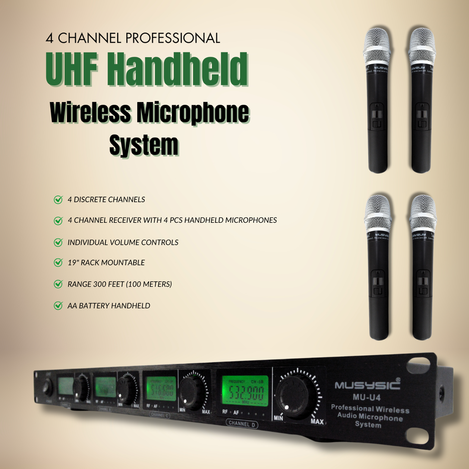 MUSYSIC MU-U4H Professional 4 Channel UHF Handheld Wireless Microphone ...