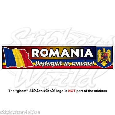 ROMANIA Romanian Flag-Coat of Arms-Motto 180mm (7,1") Vinyl Bumper ...