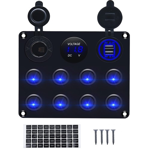 12V 8-Gang Marine Ignition Rocker Switch Panel Blue LED USB Multi ...