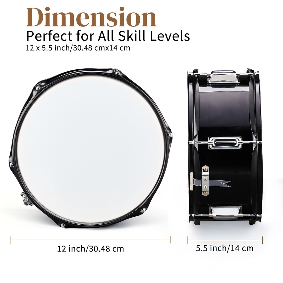 12 x 5.5 inches Professional Marching Snare Drum & Drum Stick & Strap ...
