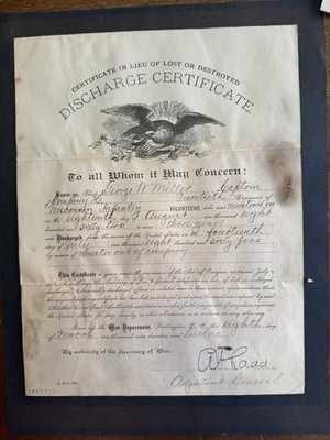 US CIVIL WAR DISCHARGE CERTIFICATE IN LIEU OF LOST OR DESTROYED 1912 ...