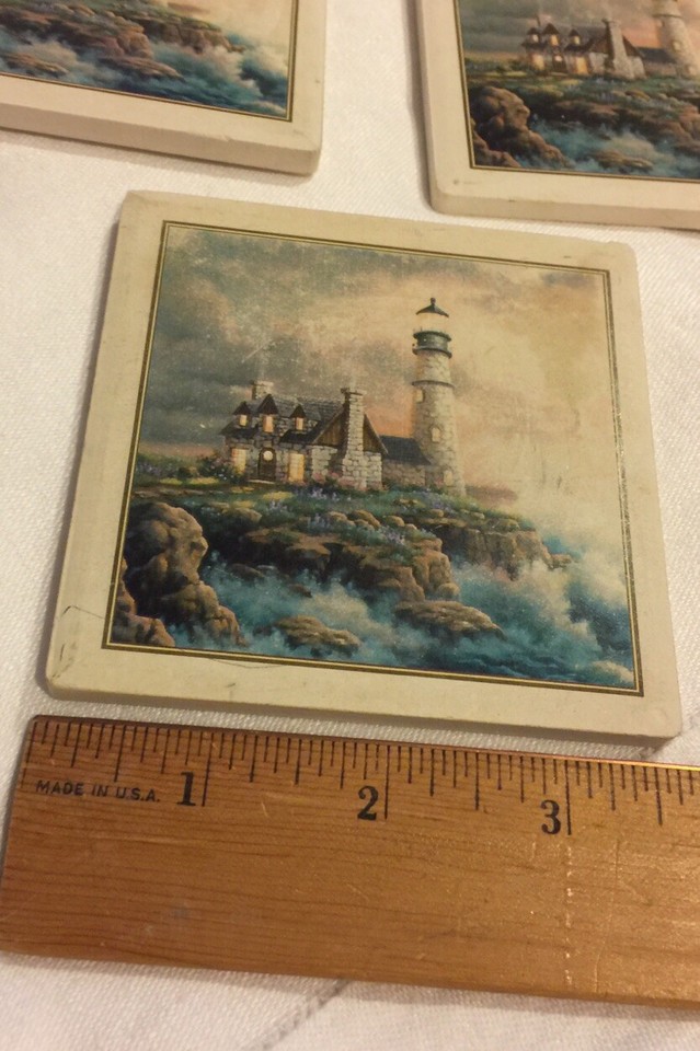 ️Set of 3 Stone Art "The Absorbent Coaster" Coasters Lighthouse Cork ...