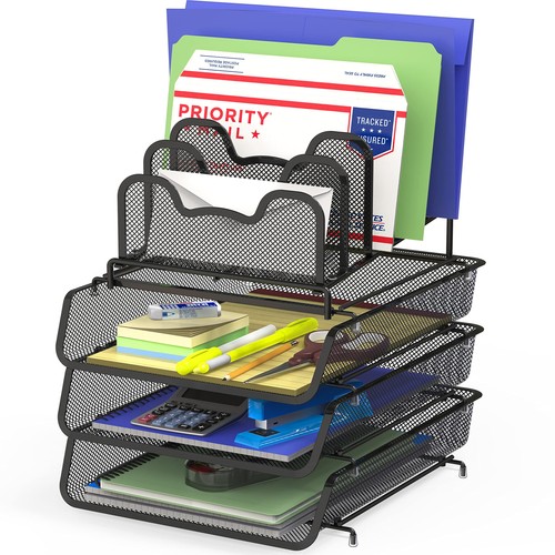 3-Tier Stackable Desk Organizer, Letter Tray & File Sorter, Black ...