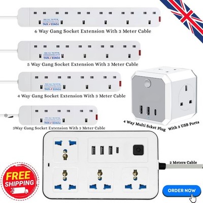 Extension Lead with 2 USB Cable Electric Plug Socket UK Mains Power 3 ...