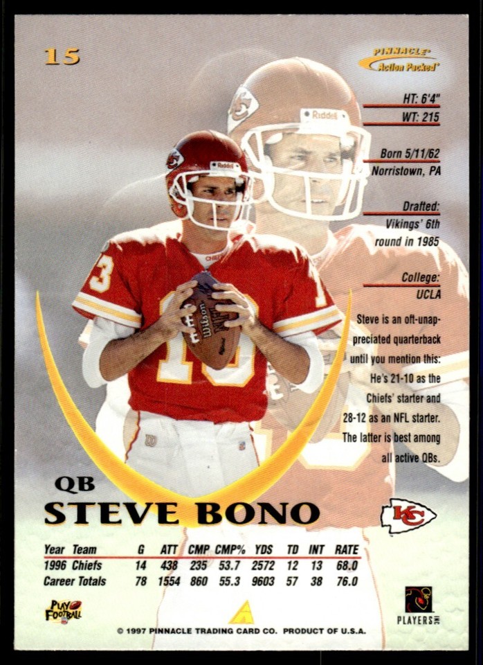 1997 Action Packed Steve Bono Kansas City Chiefs #15 18895 | eBay