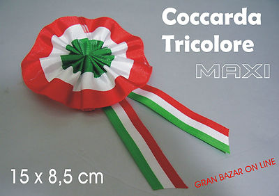 COCCARDA ITALIA TRICOLORE MAXI ARTIGIANALE 15x8,5cm TOP QUALITY 1 Pz ...