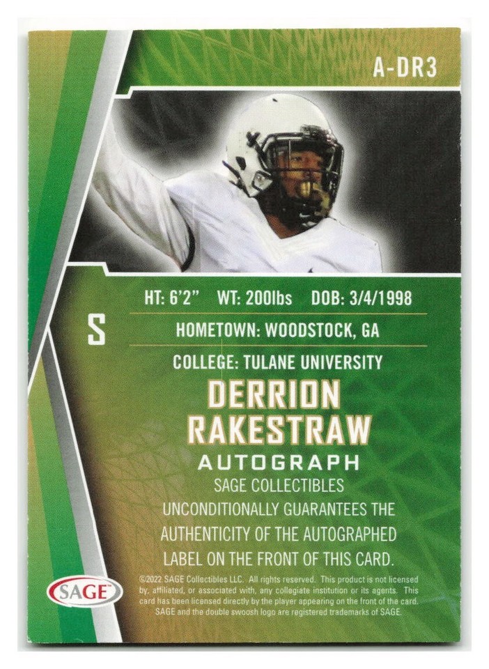 Derrion Rakestraw 2022 Sage Football Autograph RC SP #A-DR3 - TULANE | eBay