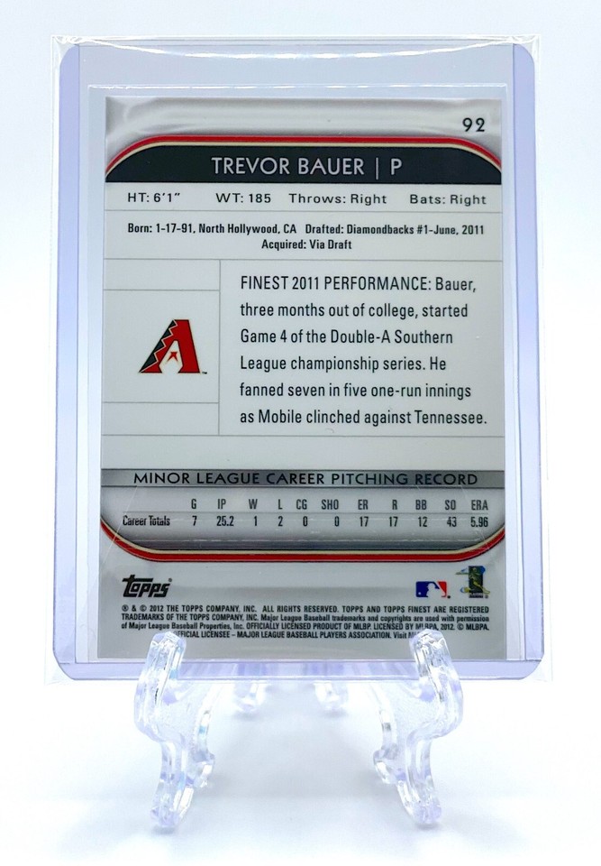 TREVOR BAUER 2012 Topps Finest #92 ARIZONA DIAMONDBACKS ROOKIE CARD RC ...