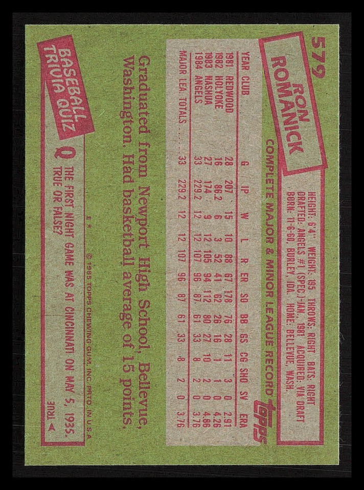 Ron Romanick 1985 Topps #579 California Angels Rookie | eBay