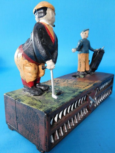 Vintage Golf Golfer and Caddle Birdie Putt Cast Iron Mechanical Coin ...
