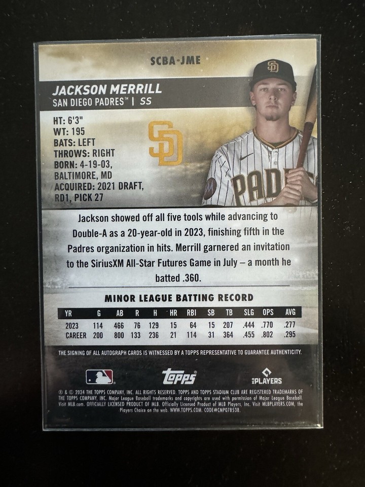 2024 Topps Stadium Club Jackson Merrill Rookie Autograph On Card Auto ...