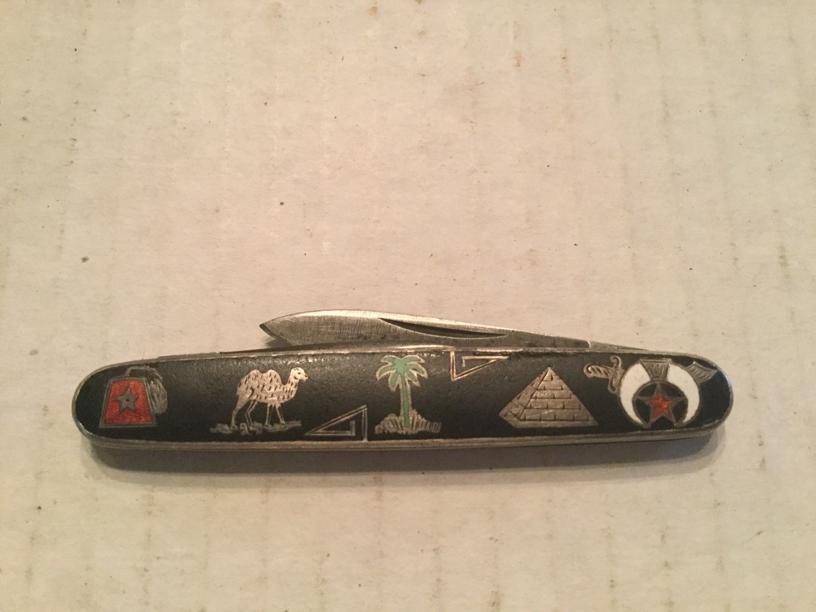 Vintage Masonic Folding Knife Enamel Pyramid Camel Palm Tree Masonic ...