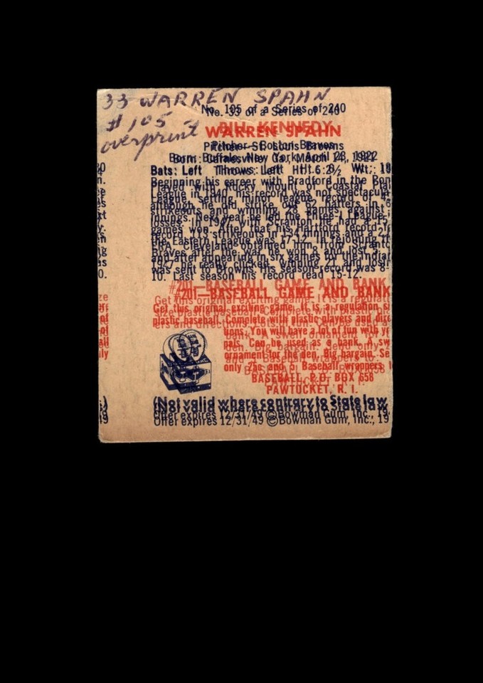 1949 Bowman Set-Break # 33 Warren Spahn LOW GRADE (filler) *GMCARDS* | eBay