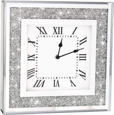 Wall Clock Sparkle Twinkle Crystal Bling Silver Diamond Mirrored Square ...