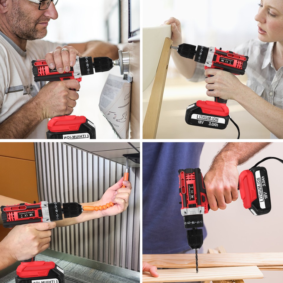 18V Cordless Drill Combi Driver Electric Screwdriver Set with 2 Battery ...