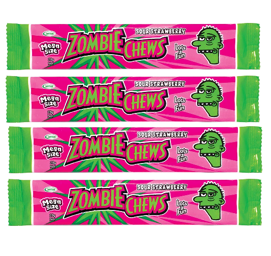 900545 4 x 28g BARS ZOMBIE CHEWS SOUR STRAWBERRY FLAV MEGA SIZE LOLLY ...