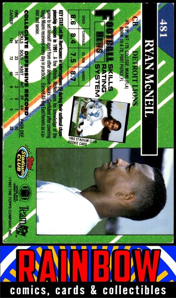 1993 Stadium Club #481b Ryan McNeil Rookie Detroit Lions | eBay